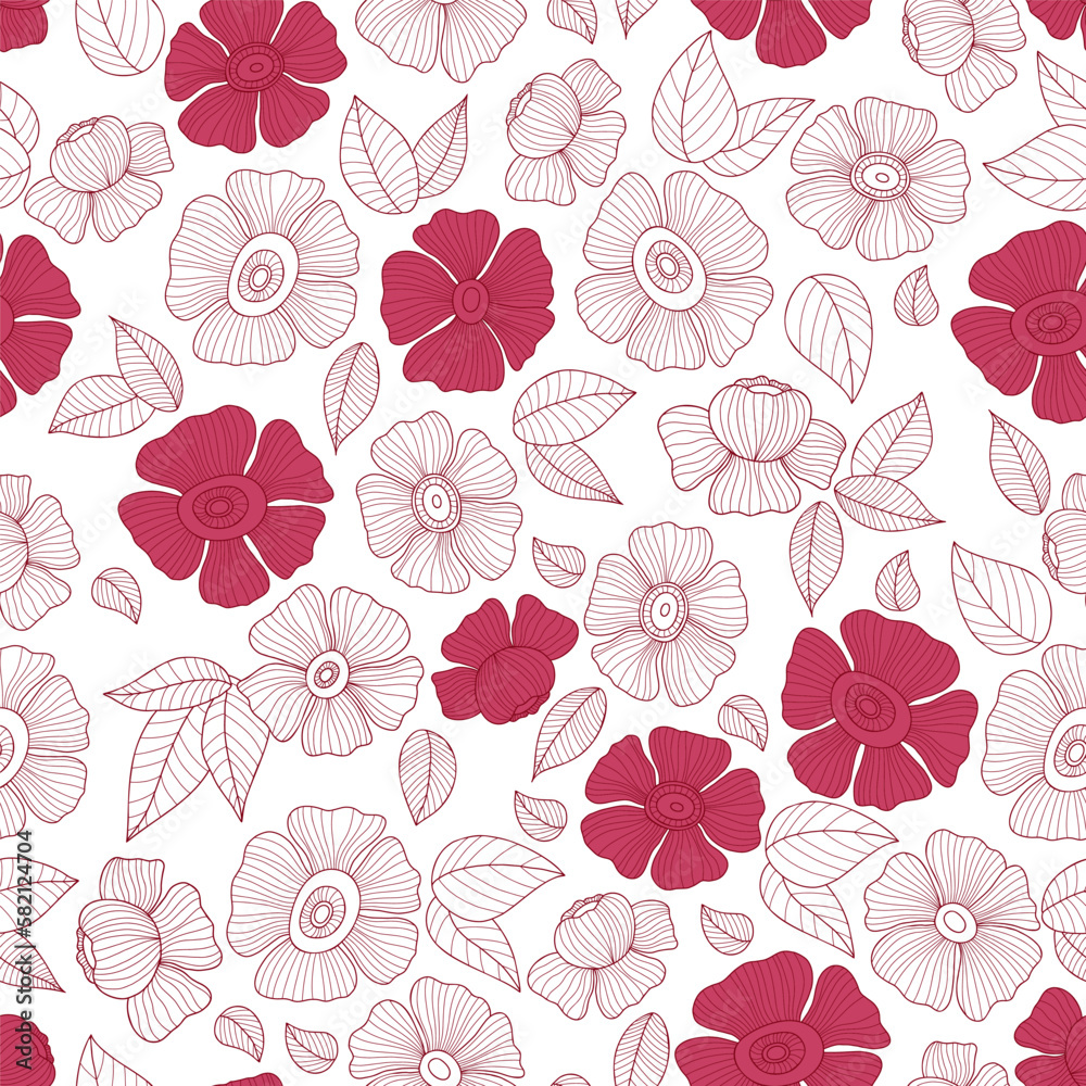 Vetor de Retro floral seamless pattern. linear groovy flower on transparent background. Vector ...