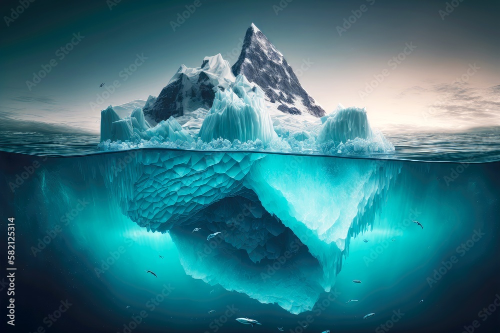 floating iceberg with sharp peaks, rock remnants and melting cavities ...