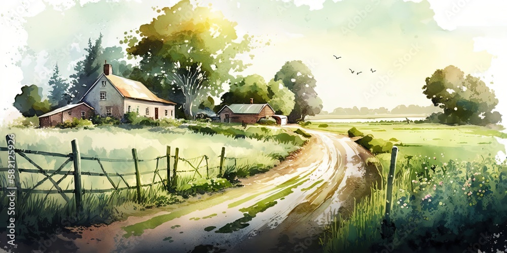 An watercolor illustration depicting a summer countryside, Generative ...
