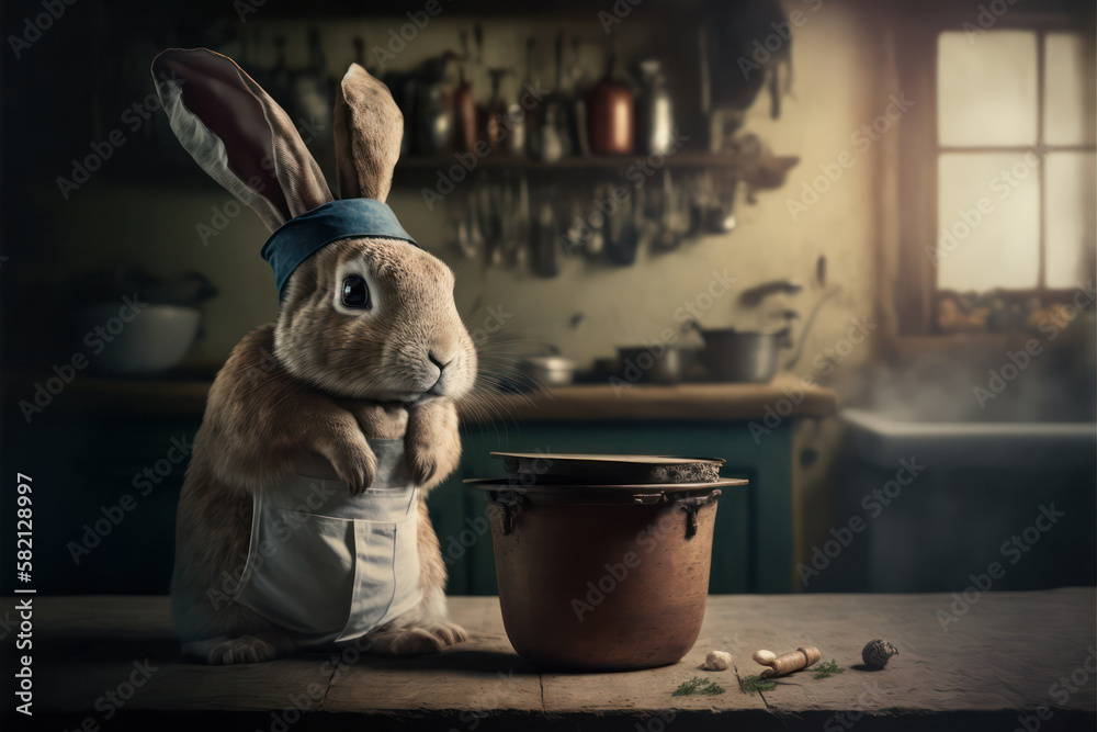 bunny chef cooks in the kitchen in the chef's hat and apron surrounded ...