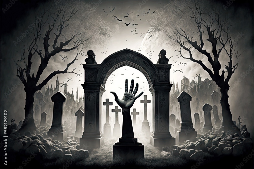 empty creepy cemetery with big hands rising out of graves, created with ...