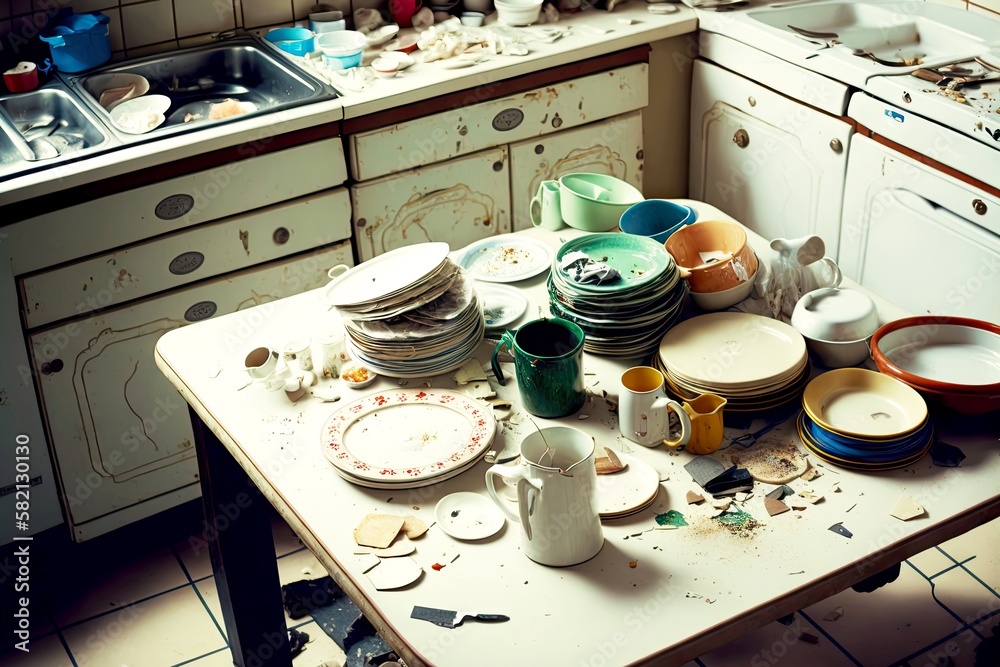 kitchen mess from large mountain of dirty dishes on white tile ...