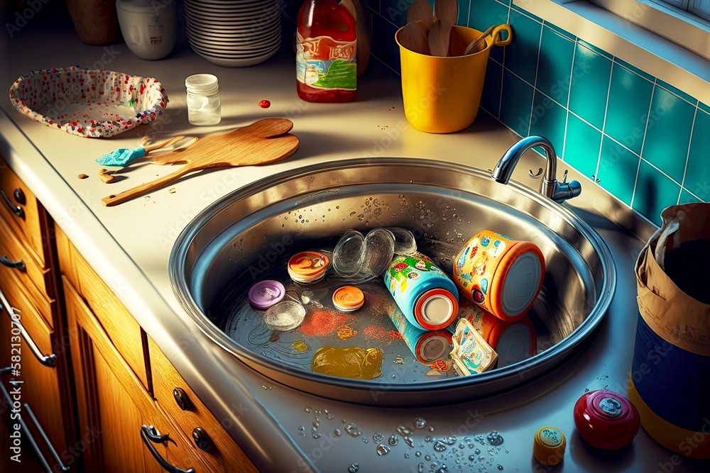 kitchen mess in dirty sink with detergent and dirty baby dishes with ...