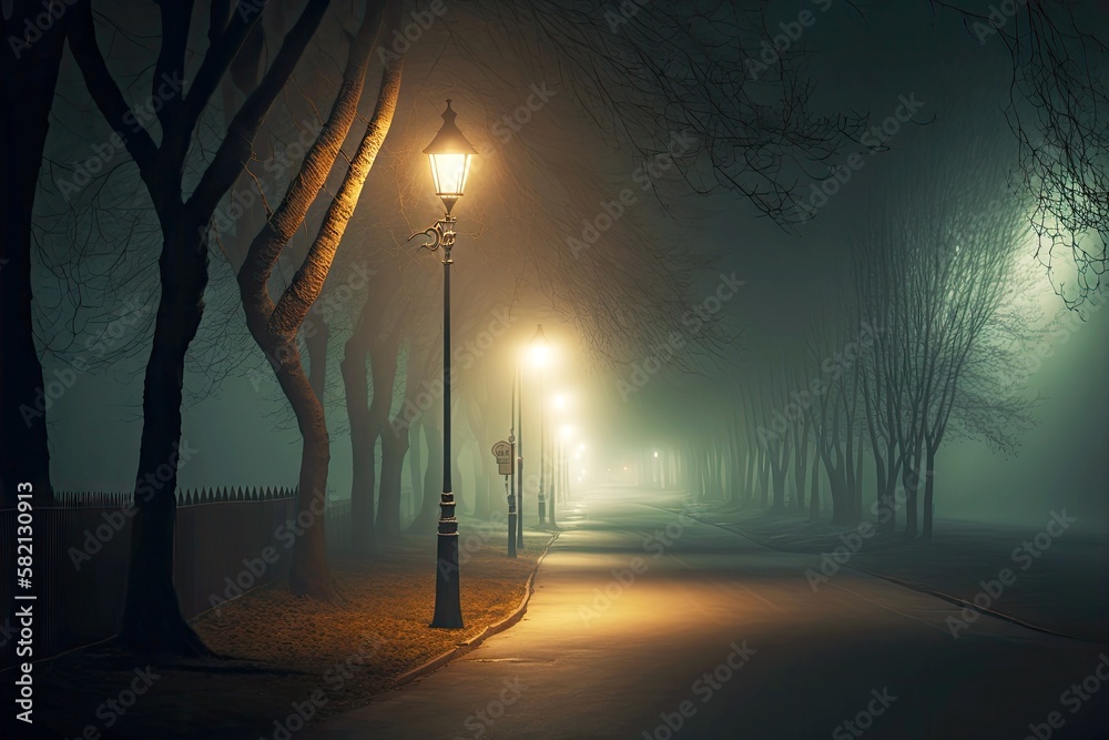 evening foggy street with lit lamp post along road, created with ...