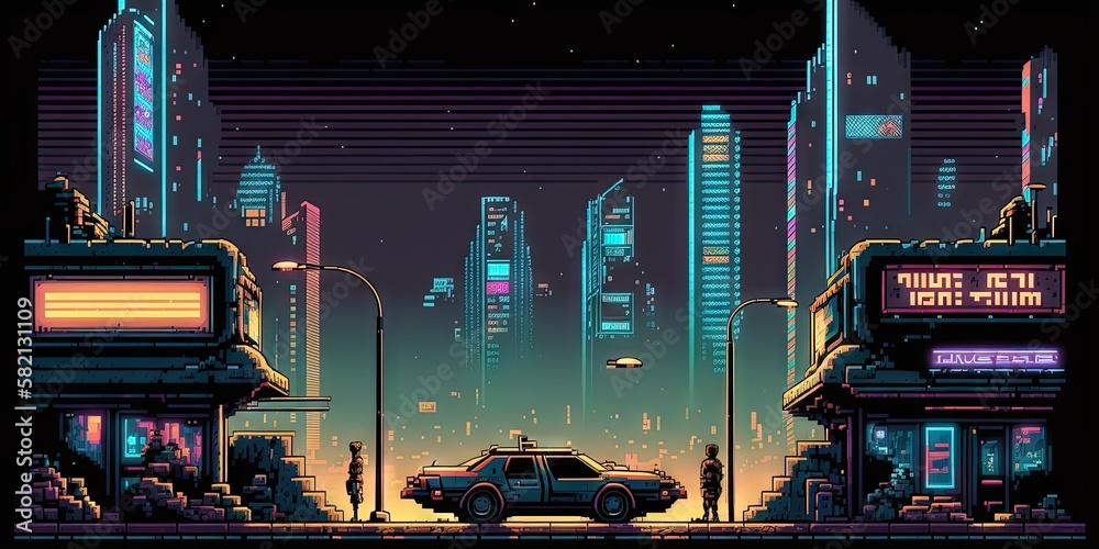 An illustrated cyberpunk city at night with skyscrapers, neon lights ...