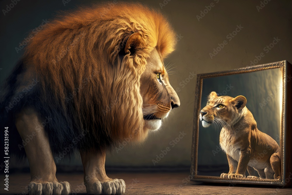 lion looking in mirror and seeing itself as small cat, created with ...