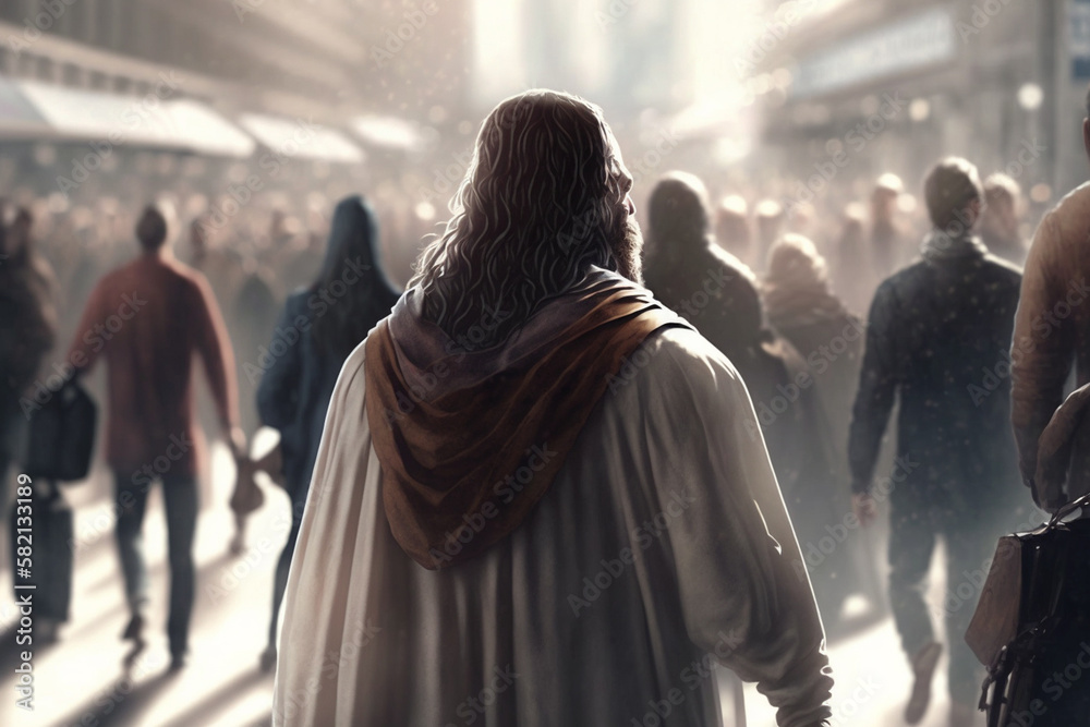 Jesus Christ walking on the street in the crowd. Easter concept ...