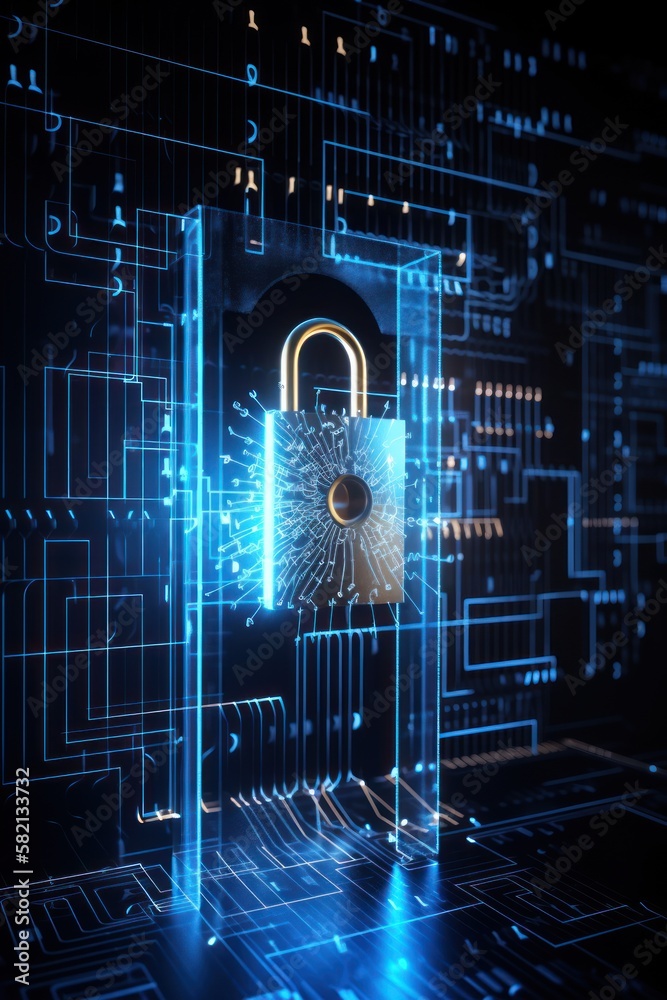 Cybersecurity Concept Door Lock On Laptop And Microchips Symbol Of Cyber Security Antivirus