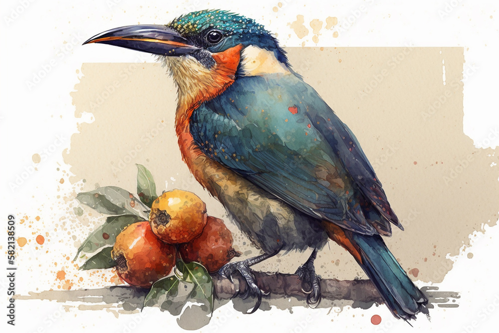 Bird with an orange drawing with bit of watercolour. Stock Illustration ...