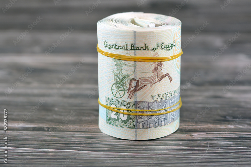 20 EGP LE twenty Egyptian pounds cash money bills rolled up with rubber ...
