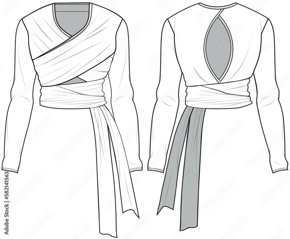 womens long sleeve v neck wrap crop top flat sketch vector illustration ...