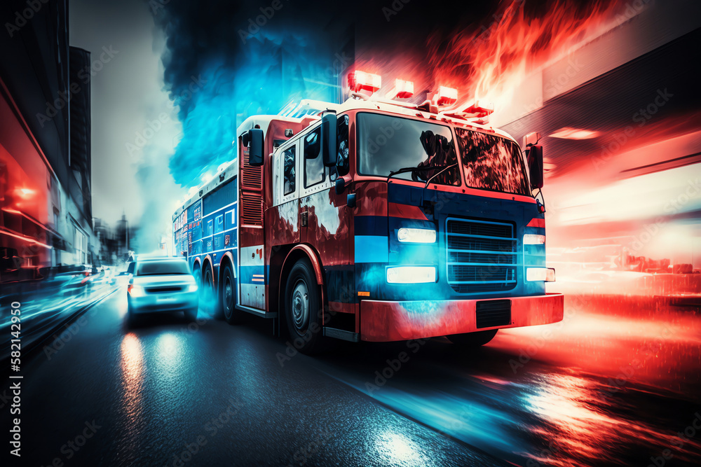 Fire engine driving fast on a road in an emergency. Fire truck with ...