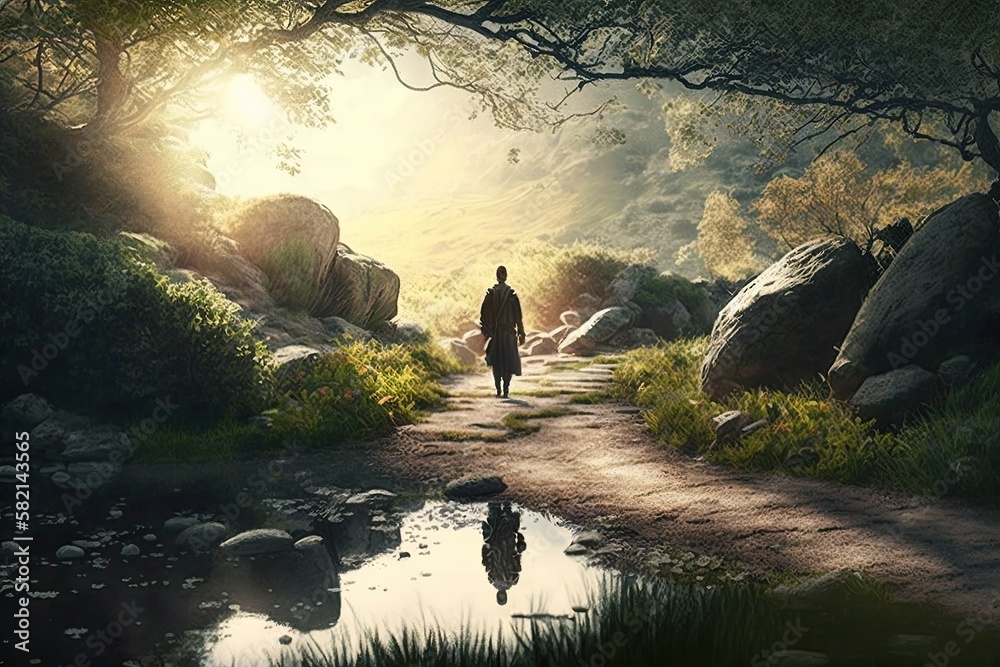 A person taking a peaceful walk in nature, surrounded by greenery and ...