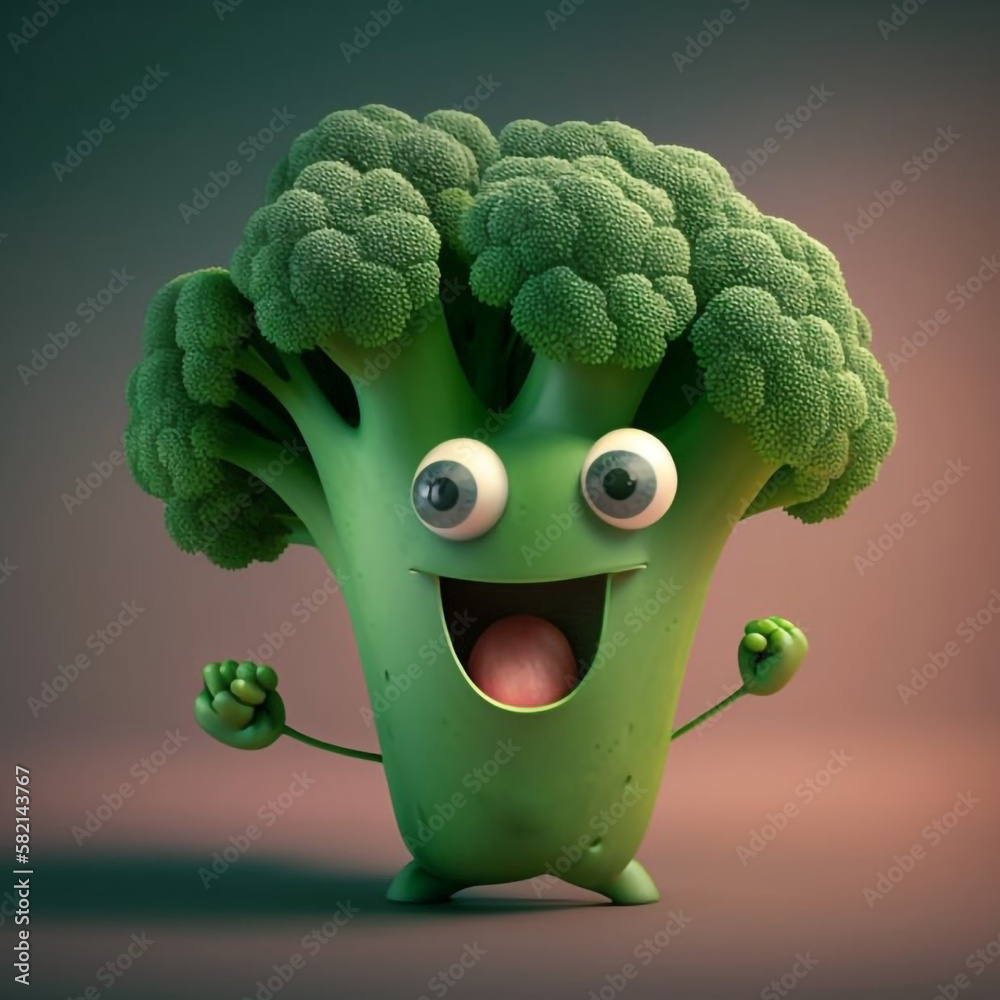 Cute Cartoon Character 3D Broccoli with Smiling Face generative ai Stock Illustration | Adobe Stock