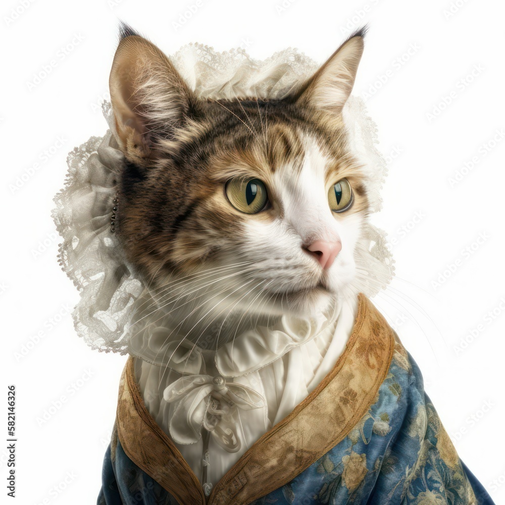Renaissance female cat portrayed in a whimsical art style, blending ...