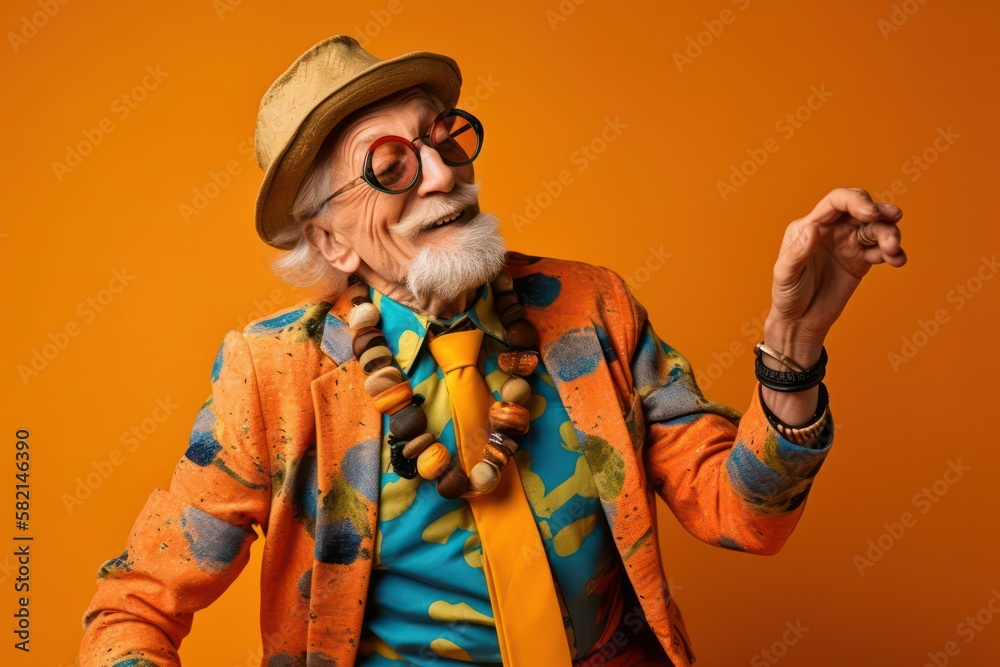 Eccentric elderly senior man dancing happily and carefree in front of a ...
