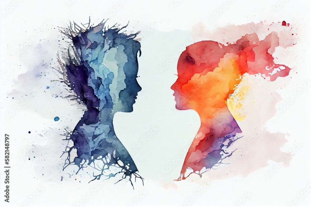 Watercolor Illustration of a Abstract 3D Render Of Two People Against ...