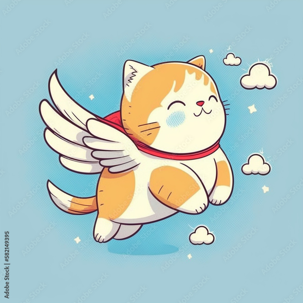 Cute flying cat wearing white wings, premium vector illustration ...