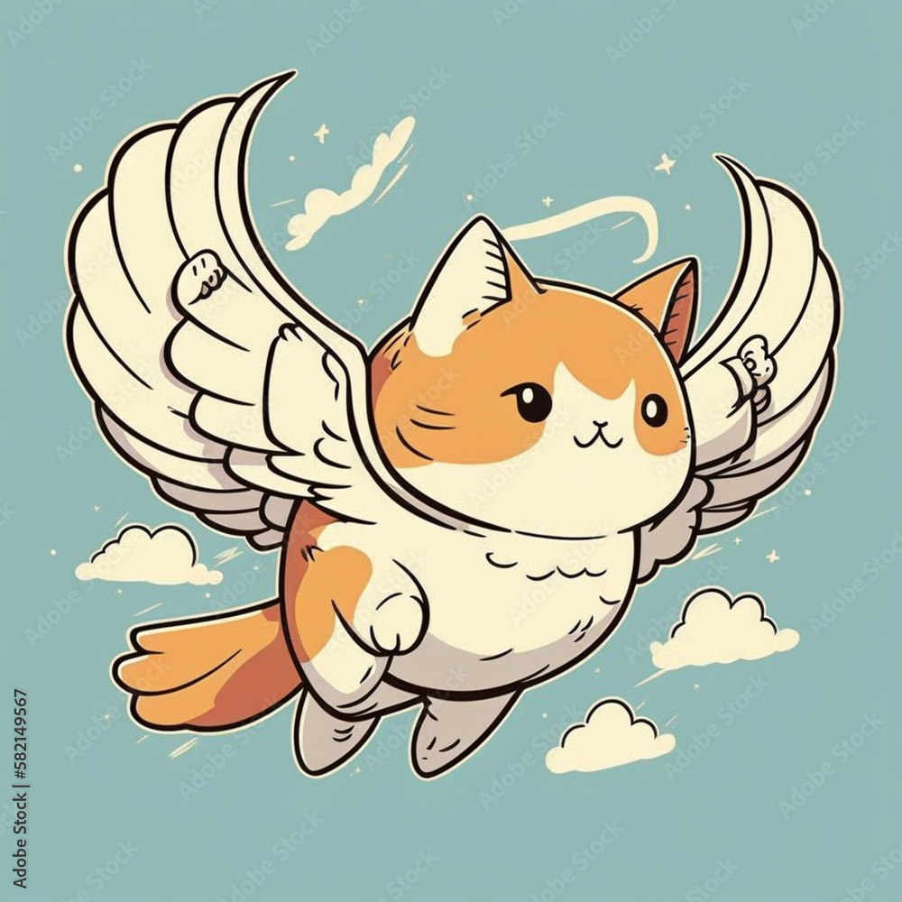 Cute flying cat wearing white wings, premium vector illustration ...