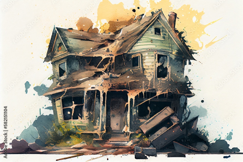 Watercolor Illustration of a Dirty House Destruction Style Art ...