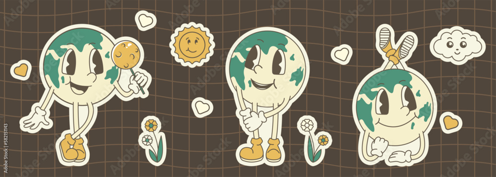 Retro earth cartoon character. Earth Day. Save planet conception. World ...