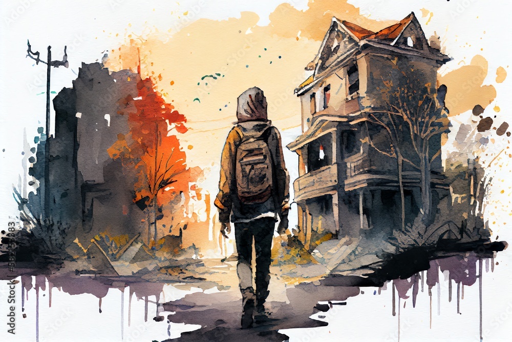 Watercolor Illustration of a Person Walking Through Neighborhood With ...
