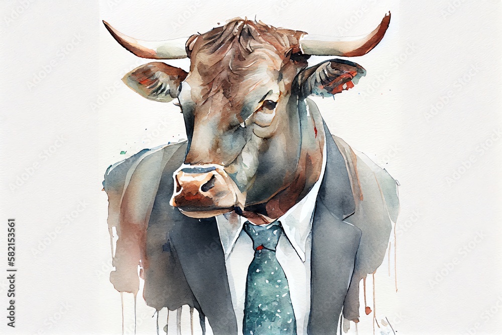 Watercolor Illustration of a Portrait Of A Bull Wearing A Suite, Dress ...