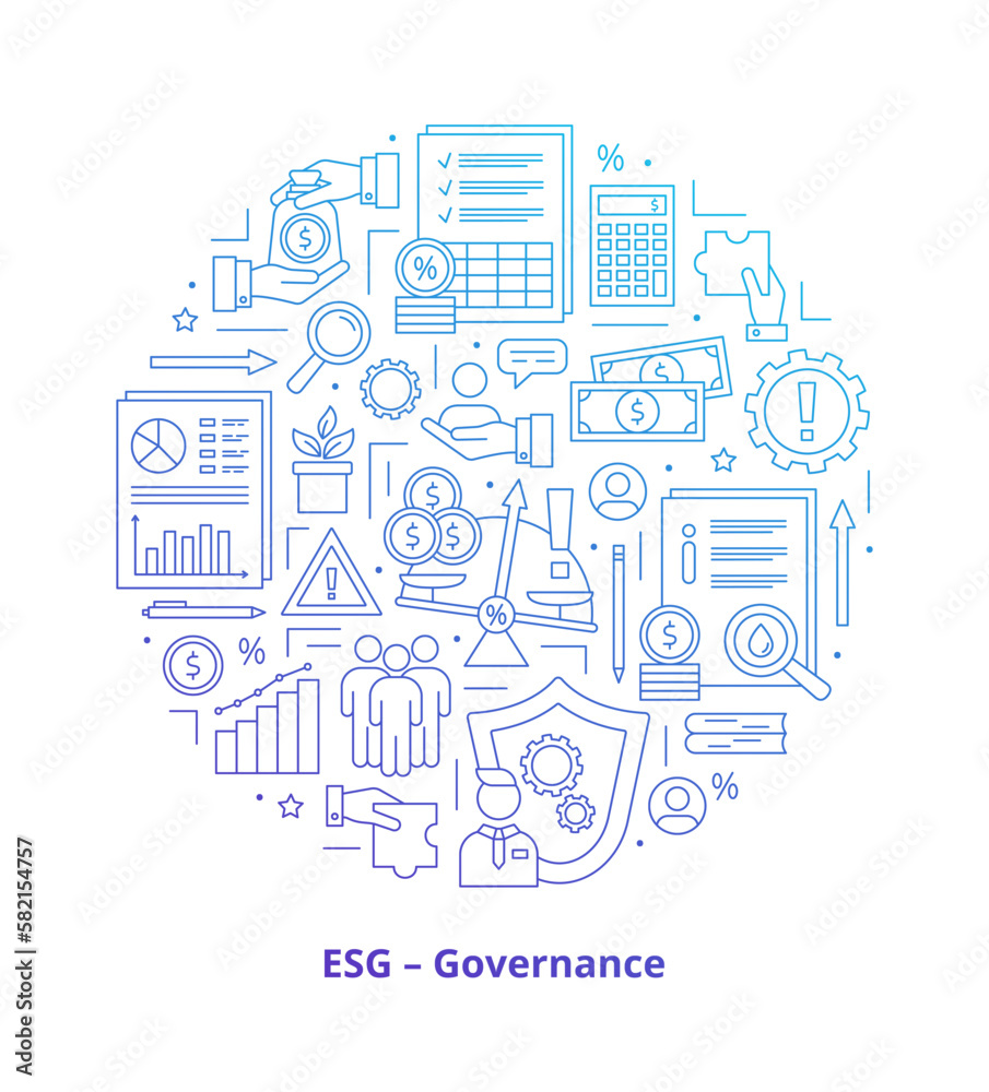 ESG Governance concepts, icons set. Icons placed in a circle. Gradient ...