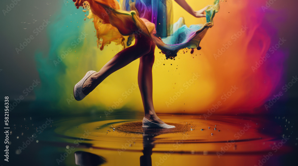Dynamic image of a woman stomping in a puddle of rainbow liquid energy ...