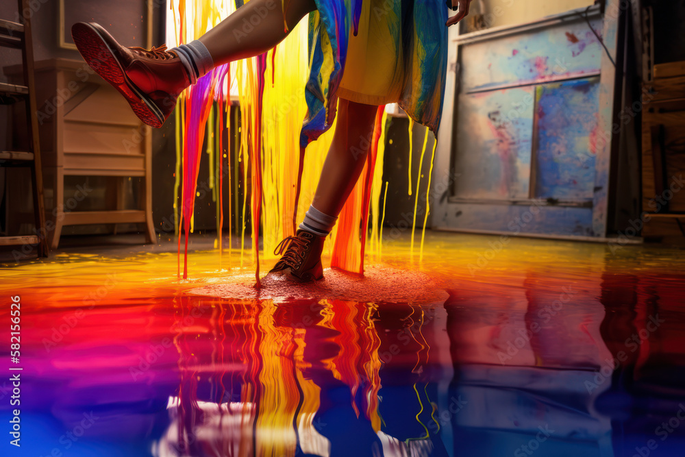 Dynamic image of a woman stomping in a puddle of rainbow liquid energy ...