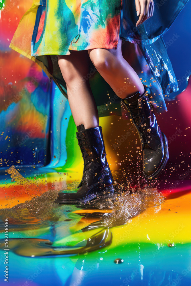 Dynamic image of a woman stomping in a puddle of rainbow liquid energy ...
