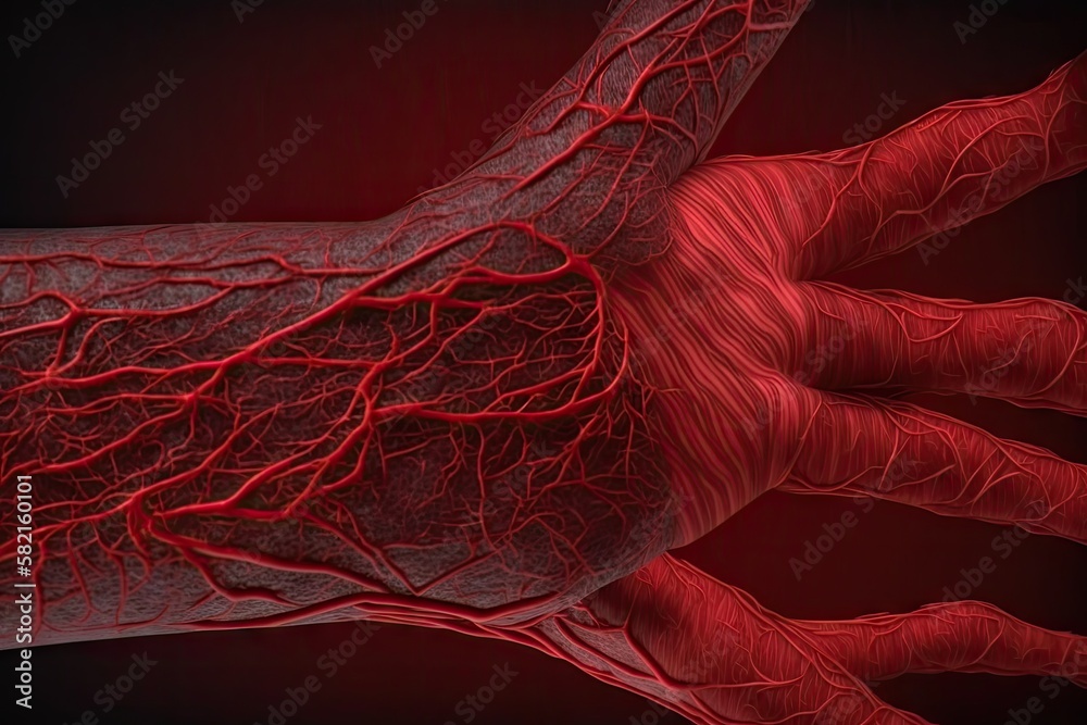 red muscle fibers of arm on background of microblood vessels, created ...