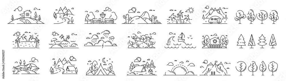Line sketch nature. Hiking or sailing travel icons. Forest and aircraft ...