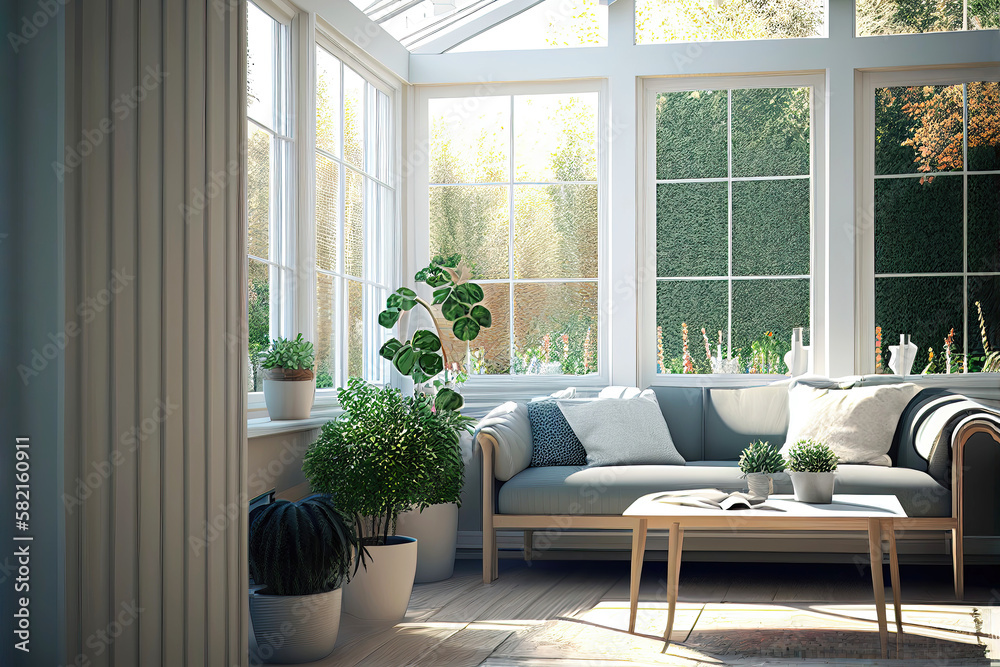 Modern bright sunroom room as interior design concept illustration ...