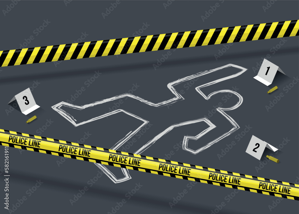 Police crime scene. Investigation proofs. Death body. Victim with chalk ...