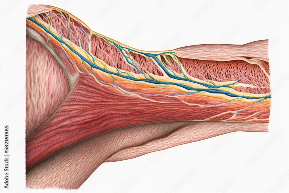 cross-section of arm with visible muscle fibers isolated on white ...