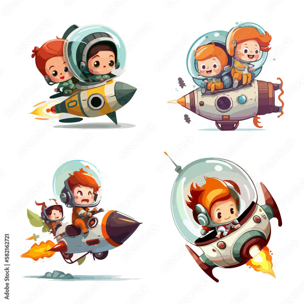 KIDS playing and imagine himself in space driving an toy space rocket ...