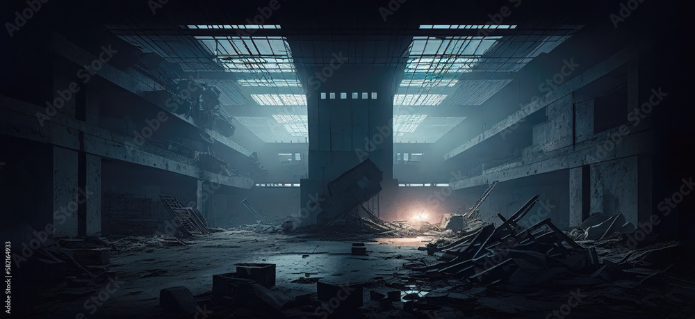 Inside a dark and dim abandoned building. Dark and dim remains or ruins ...