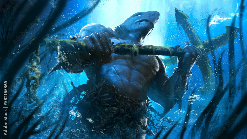 A huge muscular shark man with sea nets on his belt and a heavy anchor ...