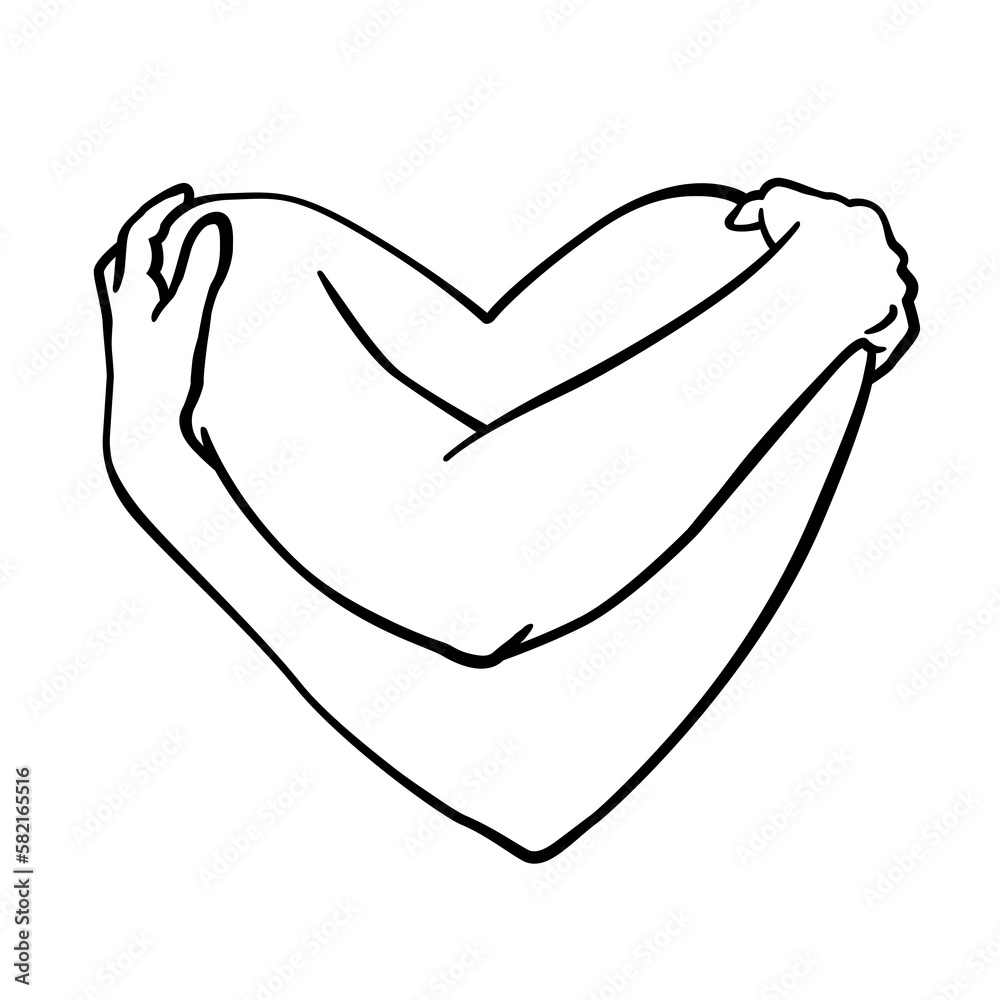 Love your body. Hug yourself heart hand drawn sketch line art vector ...
