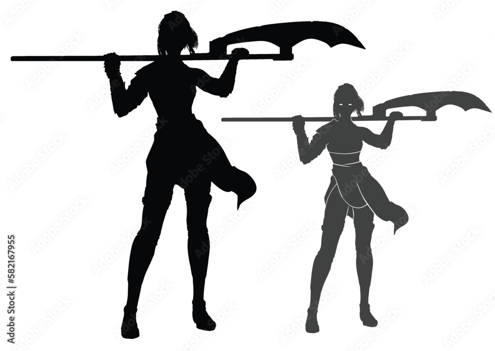 A black silhouette with a beautiful tall warrior girl, she is an ...