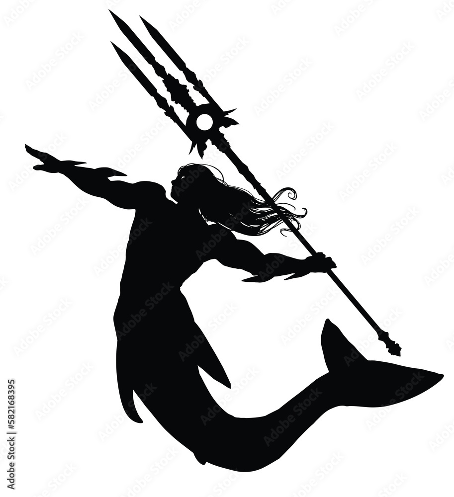 A black silhouette with a fish man, a half shark, he has a long mermaid ...
