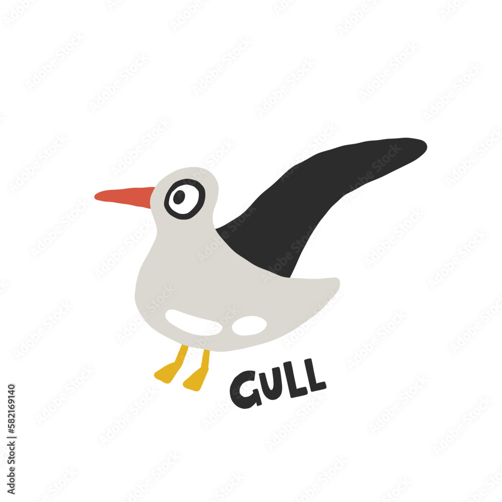 Gull. Hand drawn vector cartoon illustration for kids. Amusing Sea ...