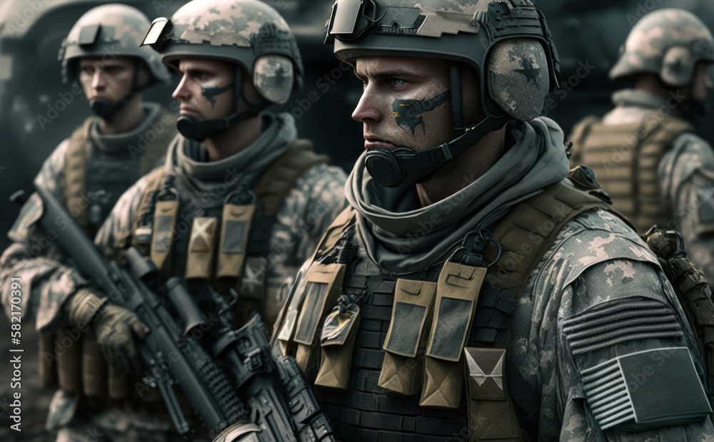 Soldiers in battle field. Army troops ready for war. Generative AI ...