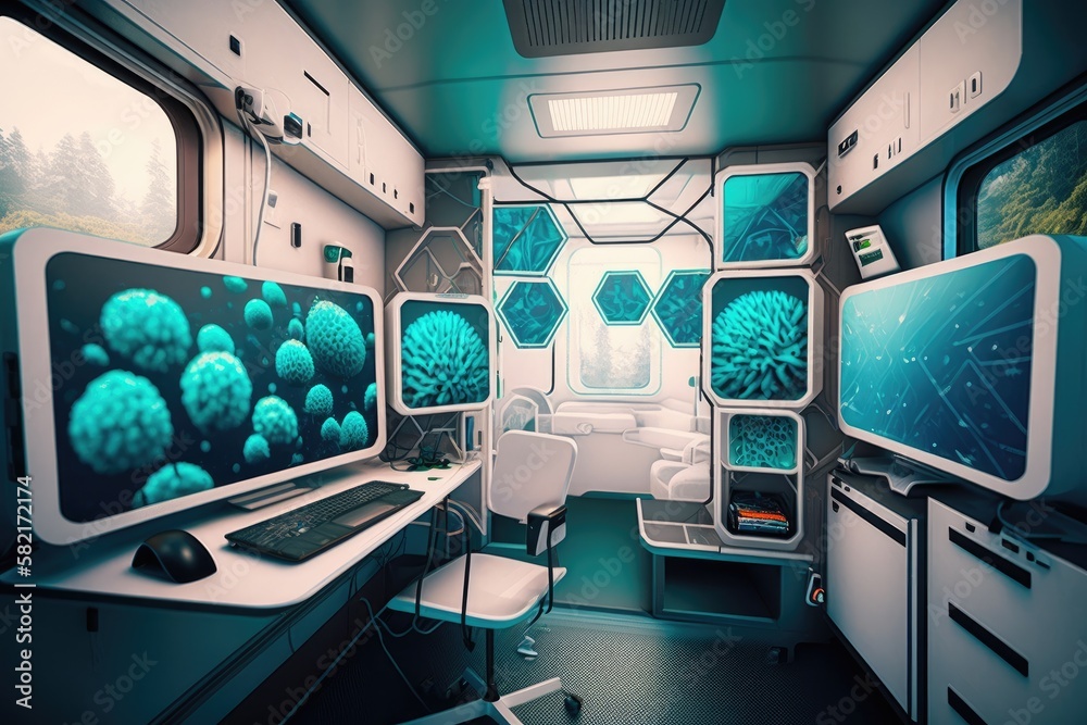 mobile lab with several monitors on nanotechnologies science theme ...