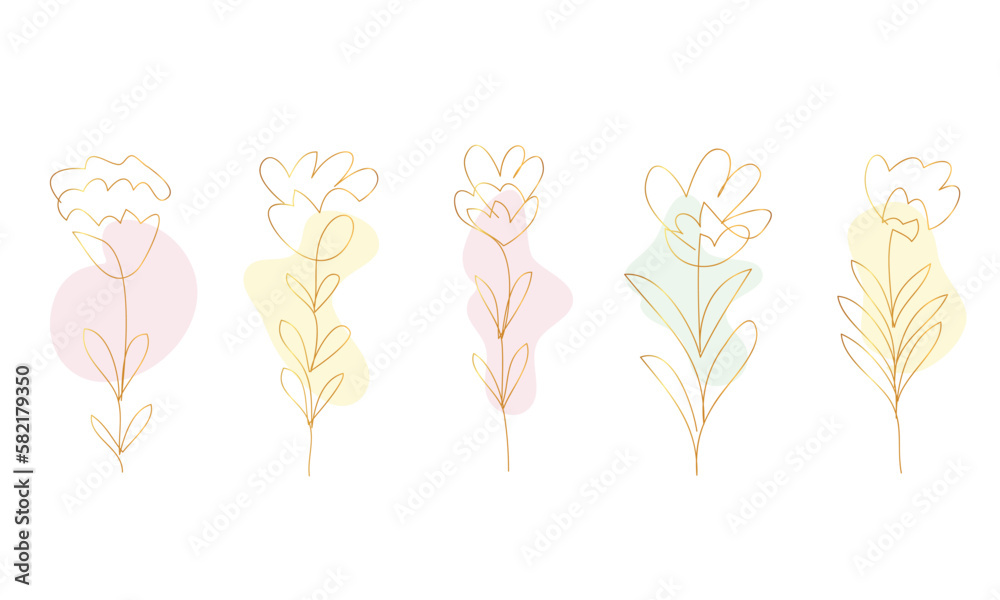 gold spring flowers line art style hand drawn illustration vector eps ...