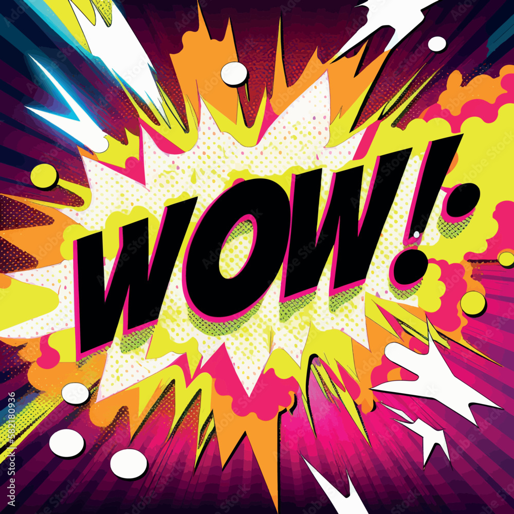 Cartoon sign of burst clouds with the word WOW. High quality ...