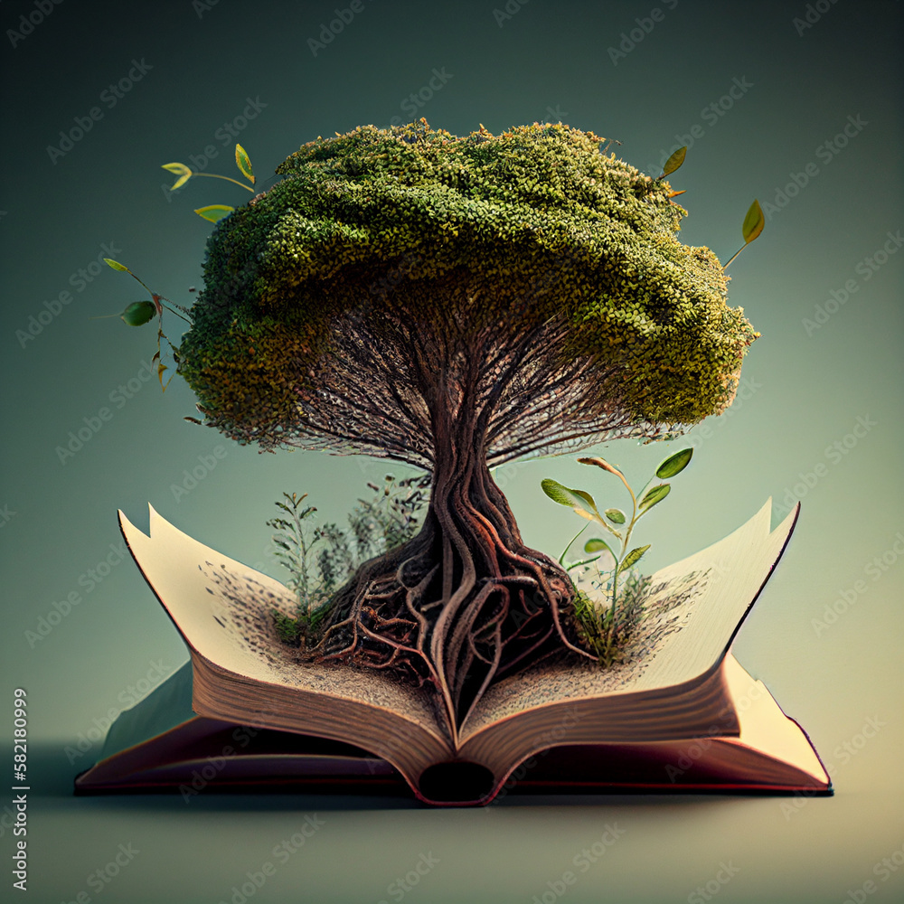 Book or tree of knowledge concept with an oak tree growing from an old ...