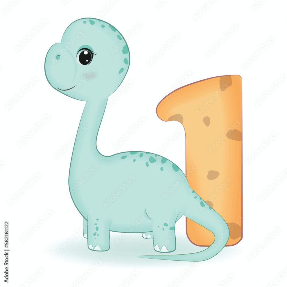 Cute Dinosaur with number 1, cartoon illustration Stock Vector | Adobe ...