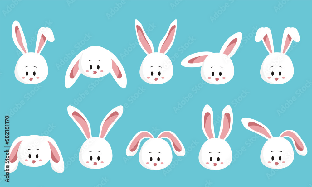 face set of a cute white rabbit. Kawaii bunny ear emoji, or bunny ...